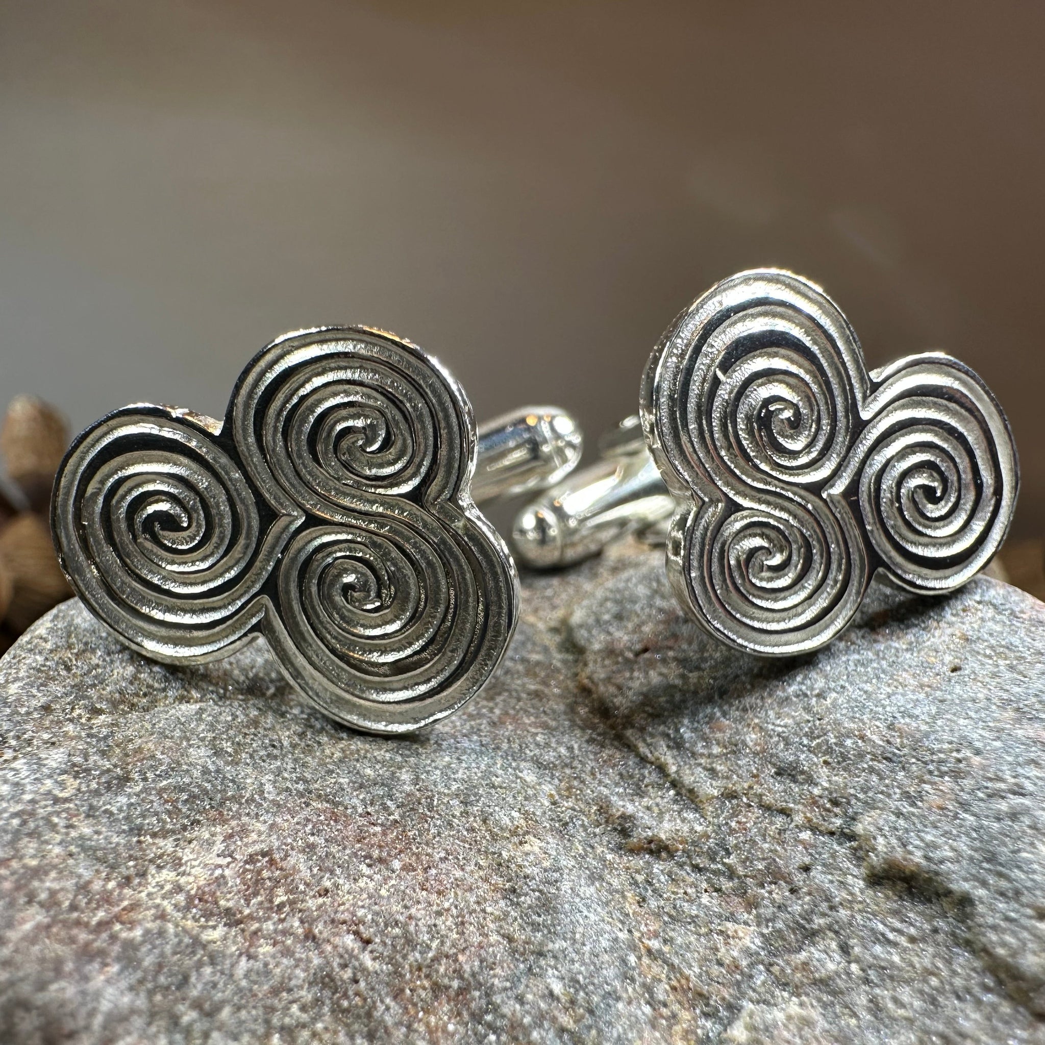 Artisan Newgrange Triple Spiral Cufflinks – Celtic Crystal Design Jewelry