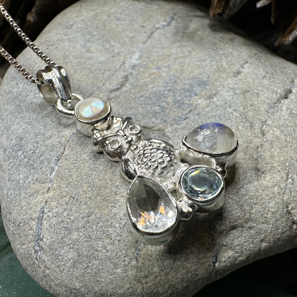 Misty Morning Moonstone Owl Necklace – Celtic Crystal Design Jewelry