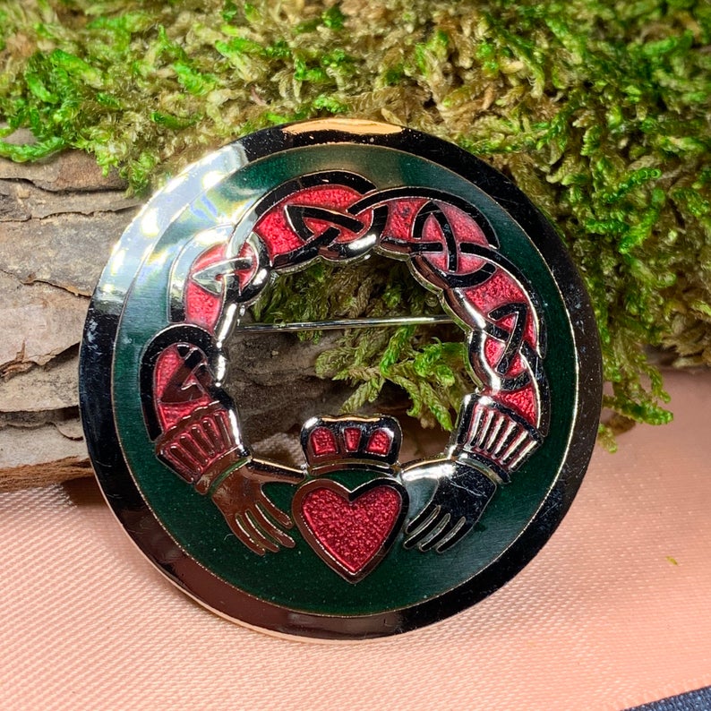 Enamel Irish Claddagh Brooch – Celtic Crystal Design Jewelry