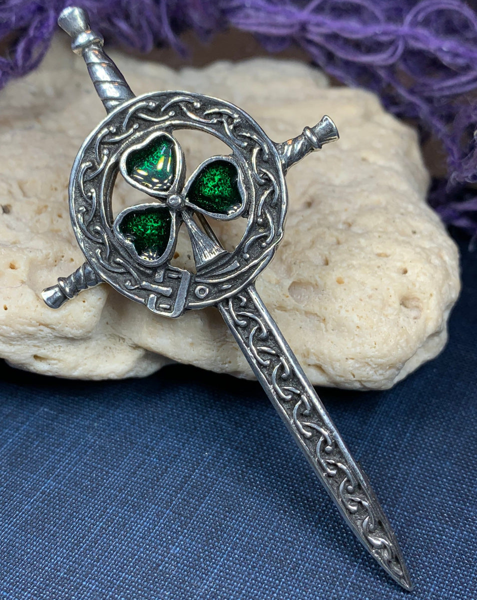 Shamrock Sword Kilt Pin – Celtic Crystal Design Jewelry
