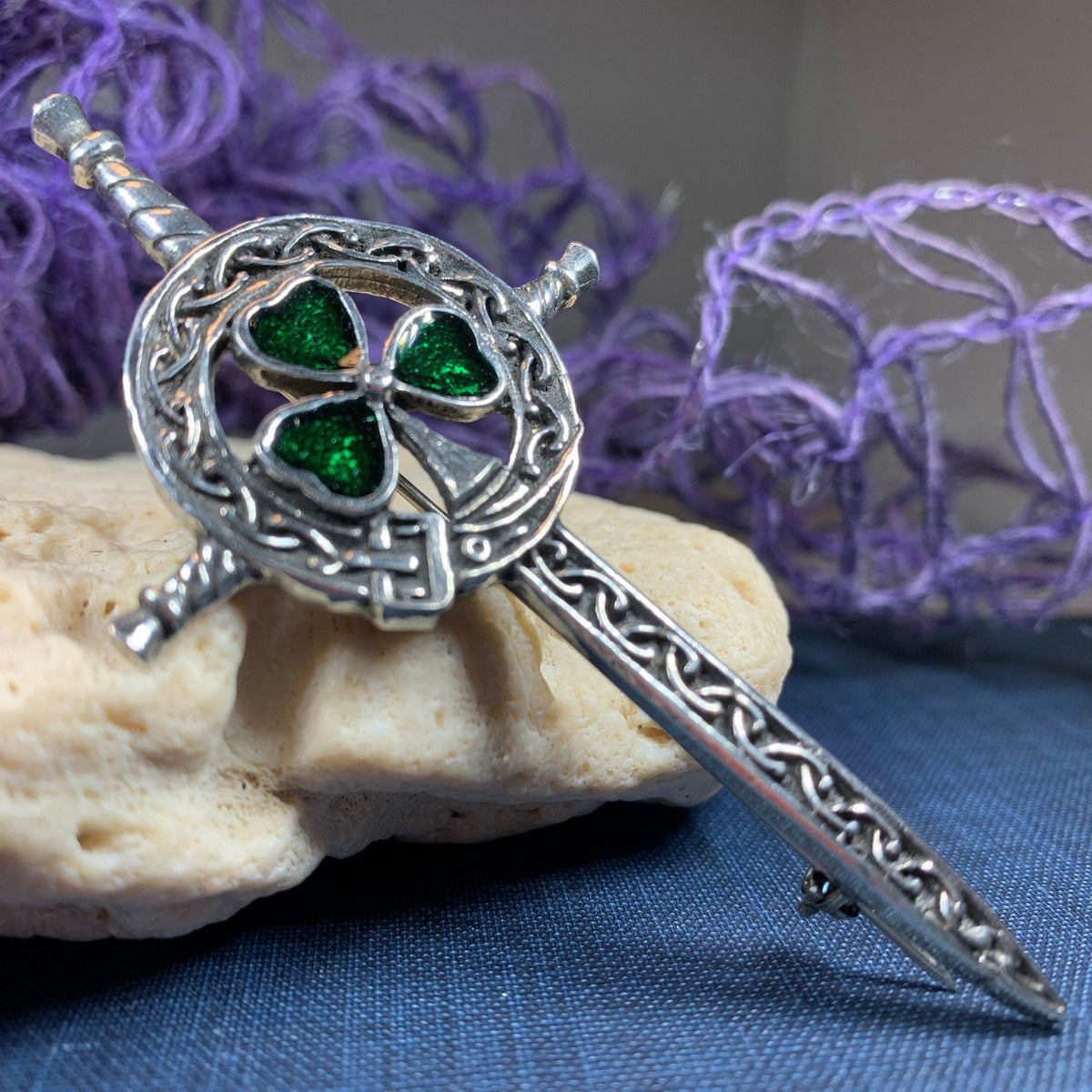 Shamrock Sword Kilt Pin – Celtic Crystal Design Jewelry