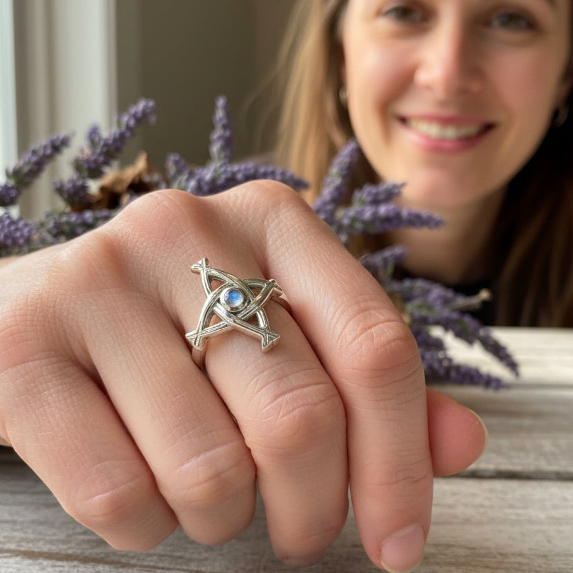 Moonstone Saint Brigid's Cross Ring – Celtic Crystal Design Jewelry