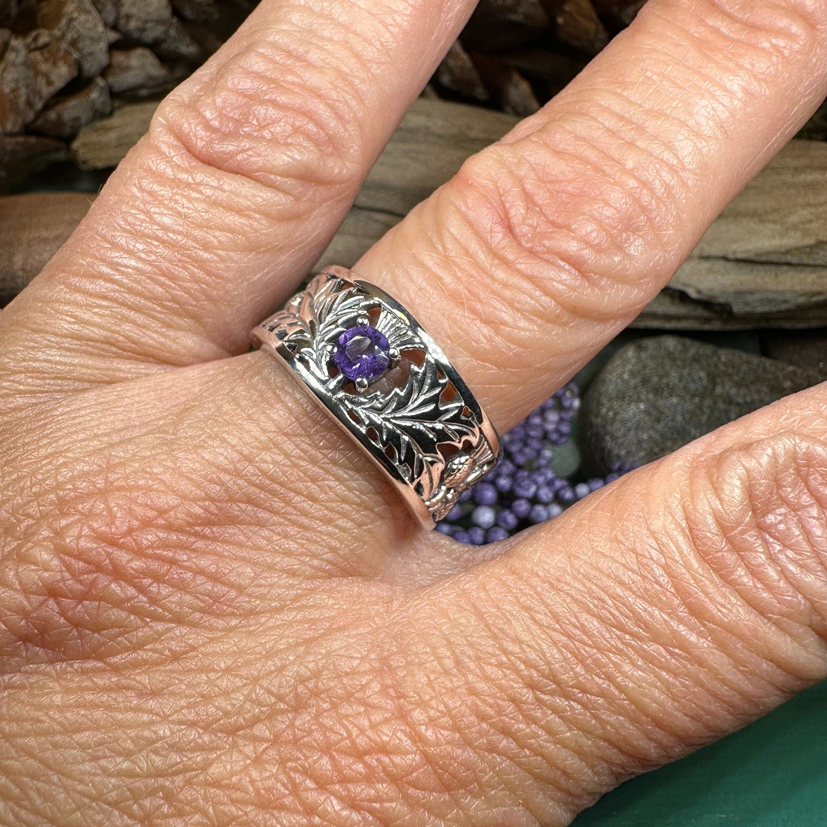 Rhoswen Thistle Band Ring – Celtic Crystal Design Jewelry
