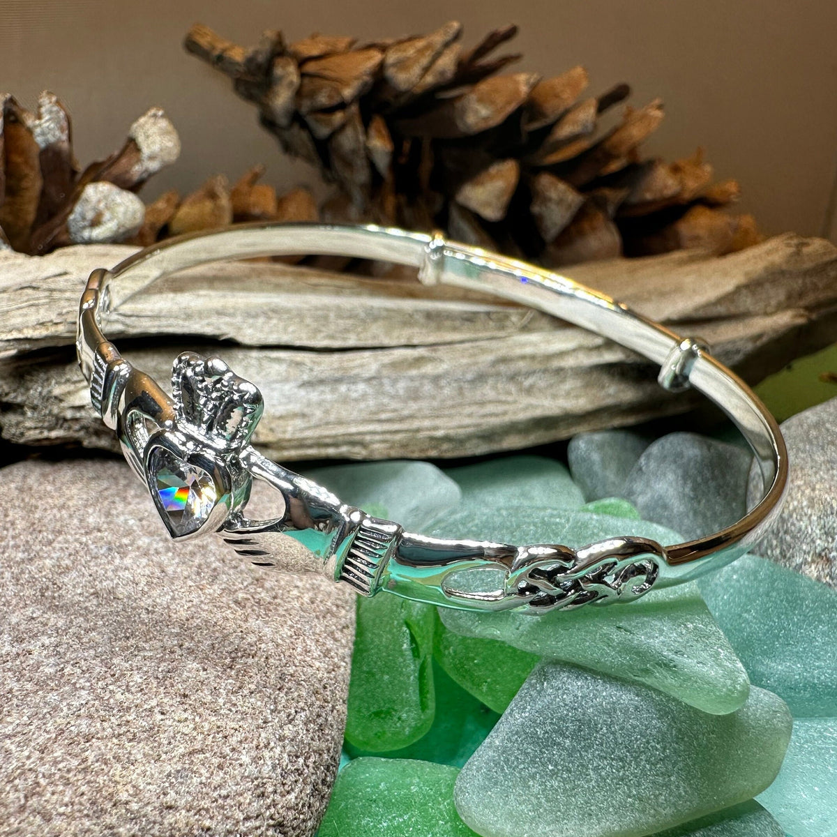 Knotwork Claddagh Bangle Bracelet – Celtic Crystal Design Jewelry